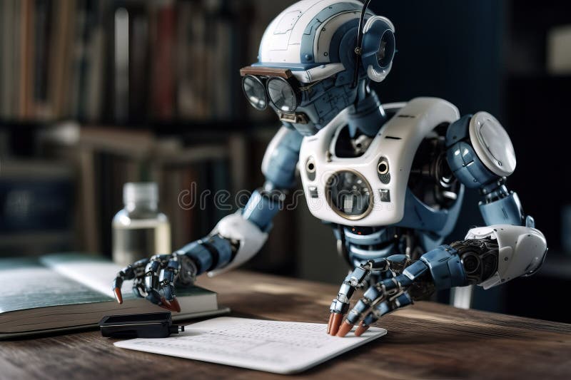 A Robot Man with Artificial Intelligence Reads Books and Writes in a ...