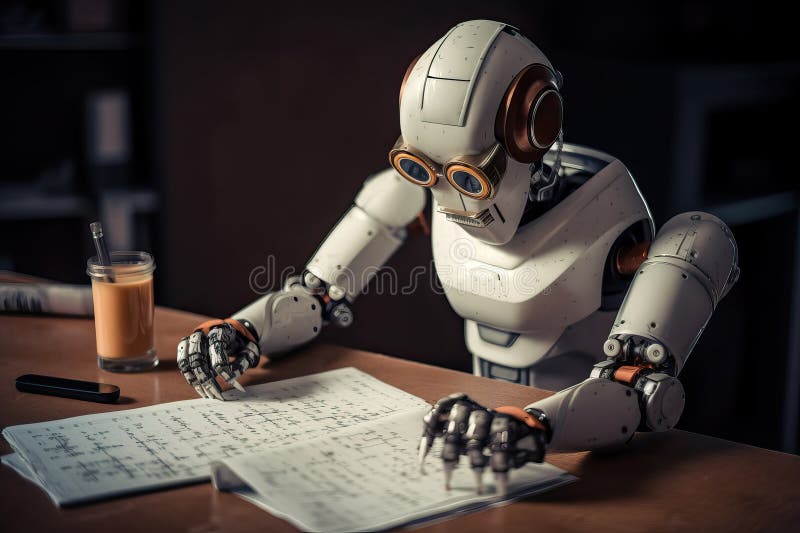 A Robot Man with Artificial Intelligence Reads Books and Writes in a ...