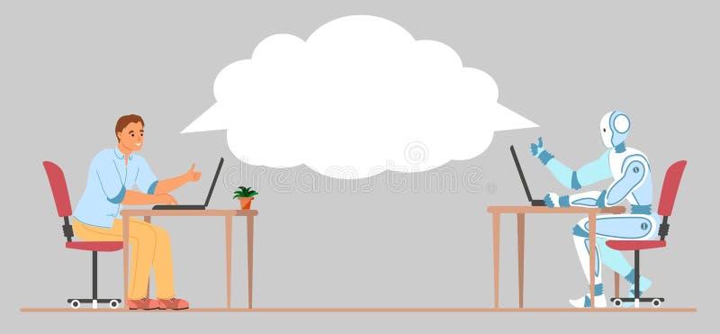 Robot and Man Cartoon Characters Working in Office Together Stock ...