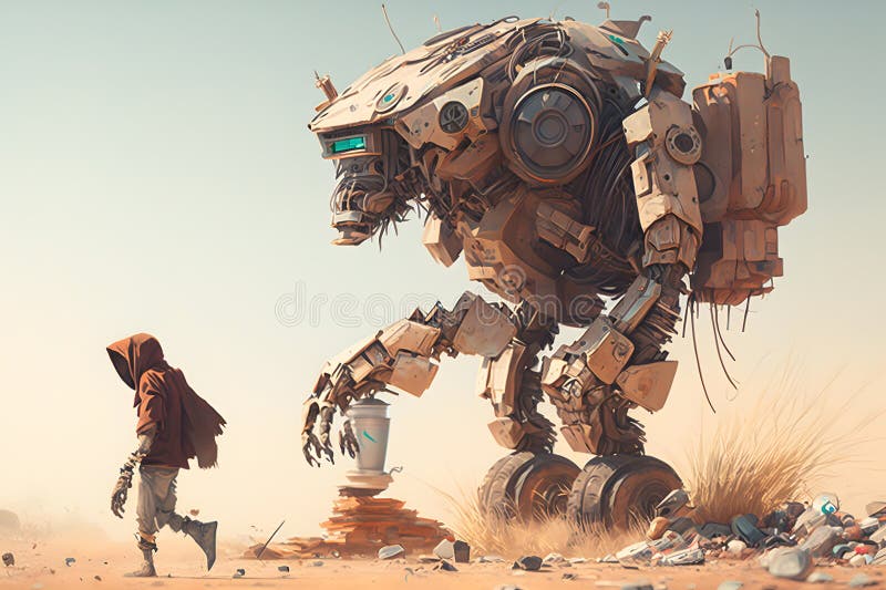 Robot and a Man at a Garbage Dump. Post-apocalyptic World of the Future ...