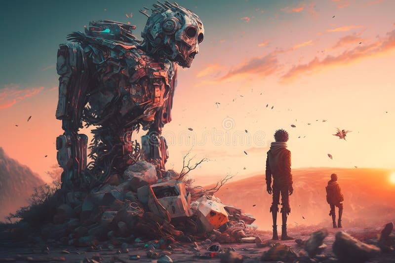 Robot and a Man at a Garbage Dump. Post-apocalyptic World of the Future ...