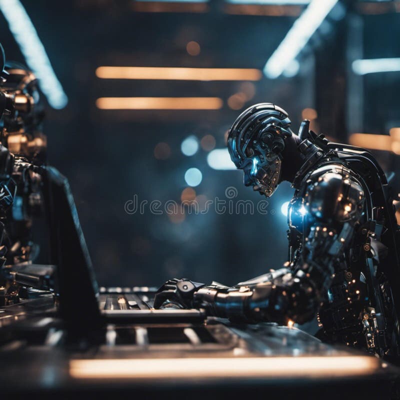 The Robot Man is Looking at His Laptop Computer Screen with Another ...