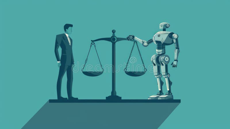 Robot and Man on Scales. Artificial Intelligence Concept Stock ...