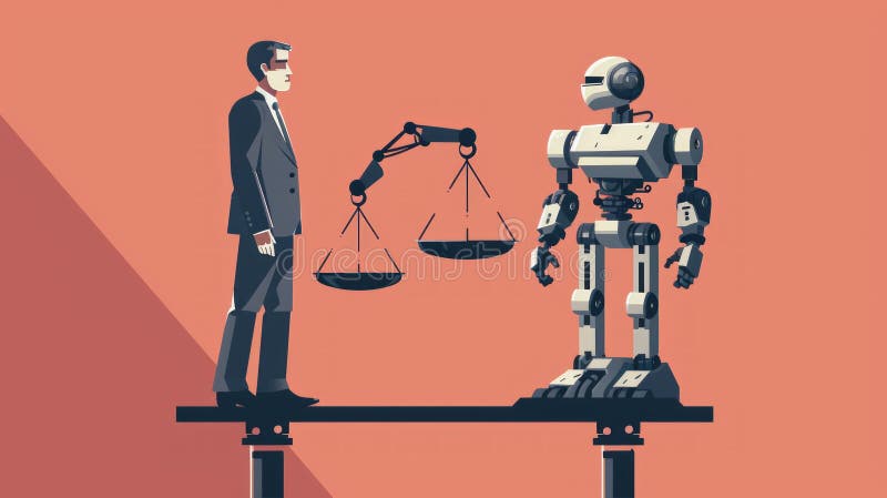 Robot and Man with Scales of Justice. Illustration in Flat Style ...