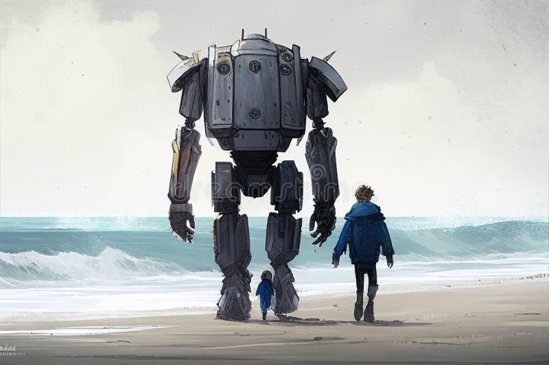 Robot and Man Walk Toward the Ocean, with Their Backs Turned ...
