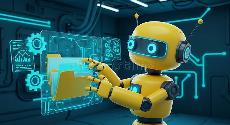 Robot Managing Digital Files and Data Using Futuristic Transparent ...