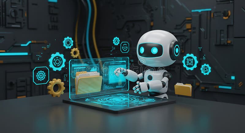Robot Managing Files on Futuristic Laptop Interface with Glowing ...