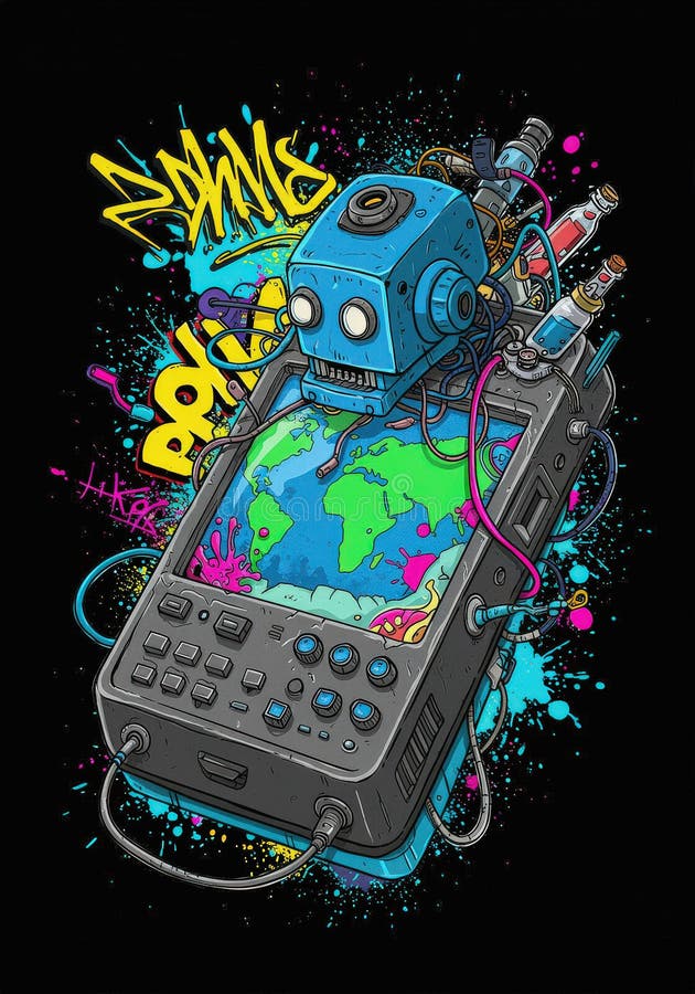 Robot Manipulating Earth on Digital Device with Graffiti Style Art ...