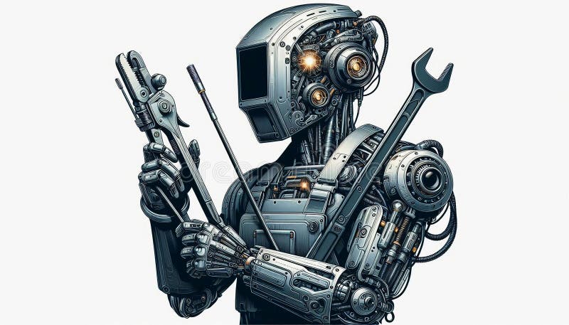 Robot Mechanic with Tools and Welding Mask, Sci-Fi Workshop Stock ...