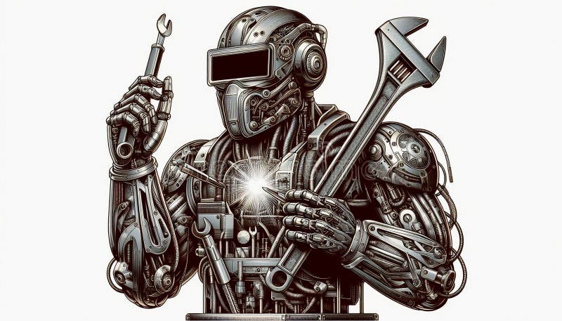 Robot Mechanic with Tools and Welding Mask, Sci-Fi Workshop Stock ...