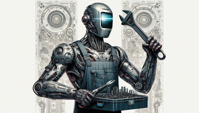 Robot Mechanic with Tools and Welding Mask, Sci-Fi Workshop Stock ...