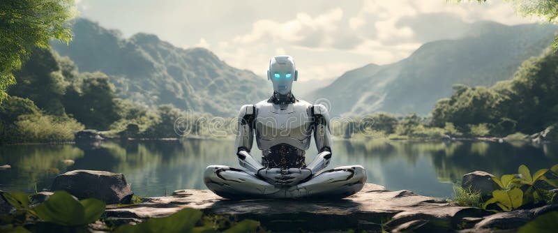 Robot Meditating by a Serene Lake in a Tranquil Natural Setting Stock ...