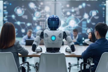 Robot at a Meeting in Conference Room. Future Workplace Artificial ...