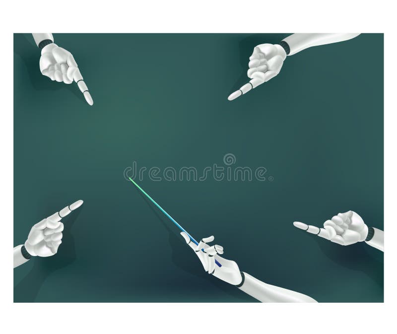 Robot Meeting at Flat Modern Office, Cyborg at Desk Design, Vector ...