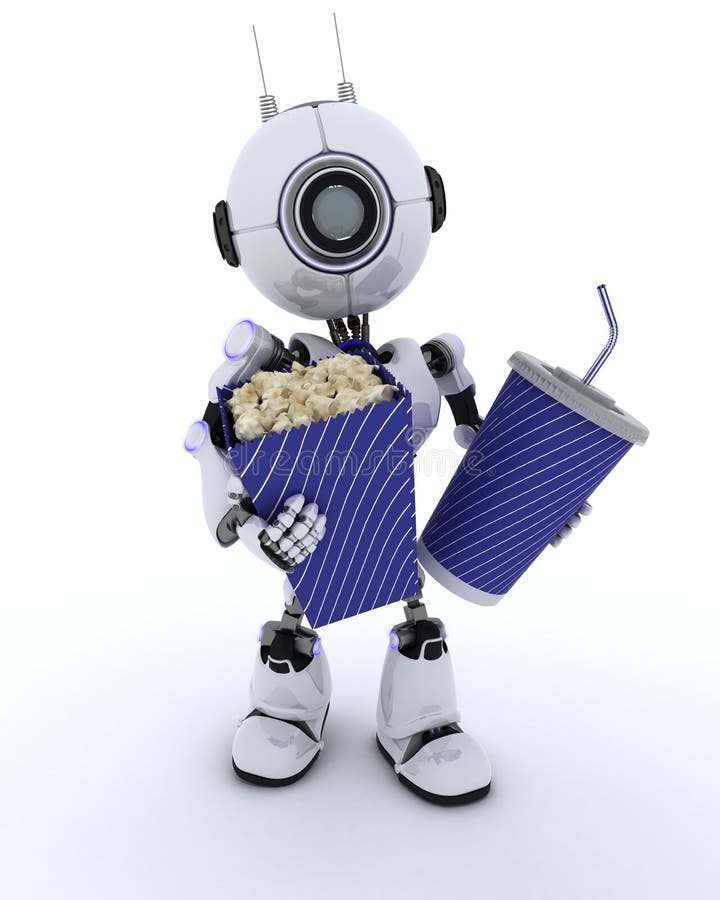 Robot met popcorn en soda stock illustratie. Illustration of popcorn ...
