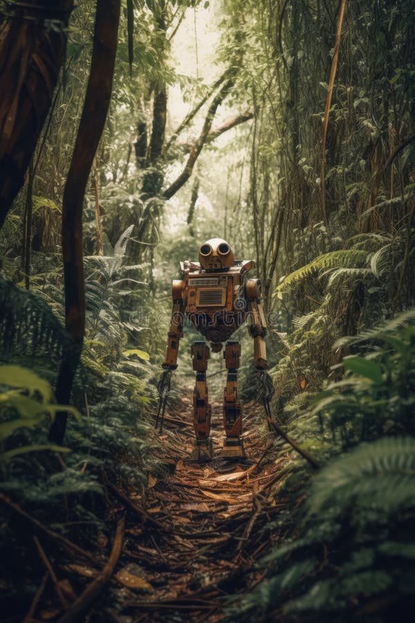 A Robot In The Middle Of A Forest Generative Ai Image Stock