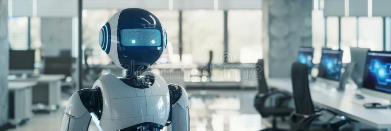 Robot in a Modern Office with Multiple Computer Screens. AI Assistant ...
