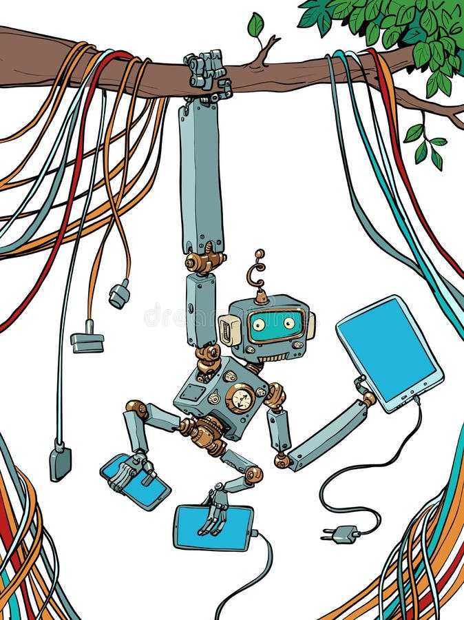 A Robot Monkey Hangs on a Tree Branch while it is Surrounded by a Lot ...