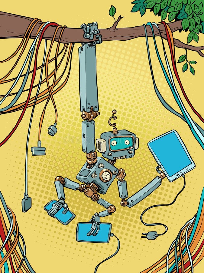 A Robot Monkey Hangs on a Tree Branch while it is Surrounded by a Lot ...