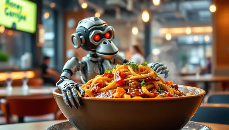 Robot Monkey Serving a Steaming Bowl of Spaghetti at Restaurant Stock ...