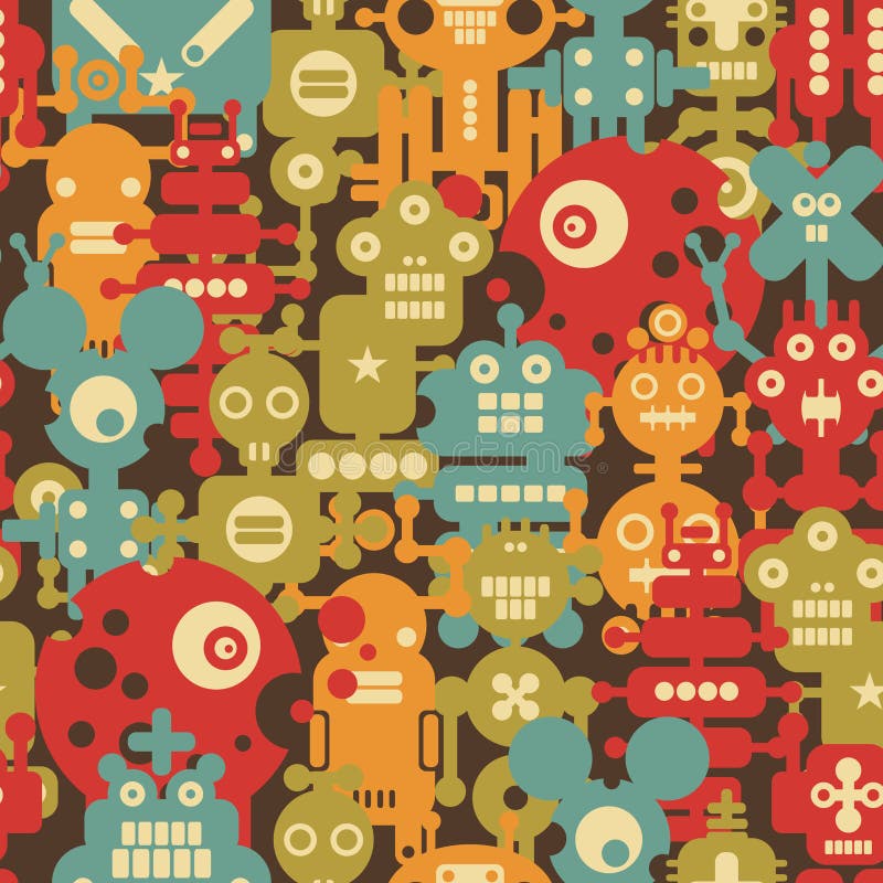 Cute Robots Collage Cartoon Retro Doodle Pattern Stock Vector ...