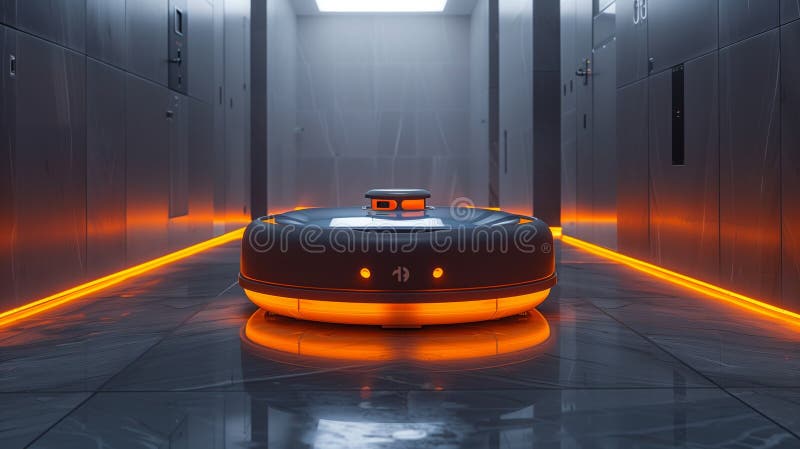 Robot Walking in Hallway with Orange Lights Stock Photo - Image of ...