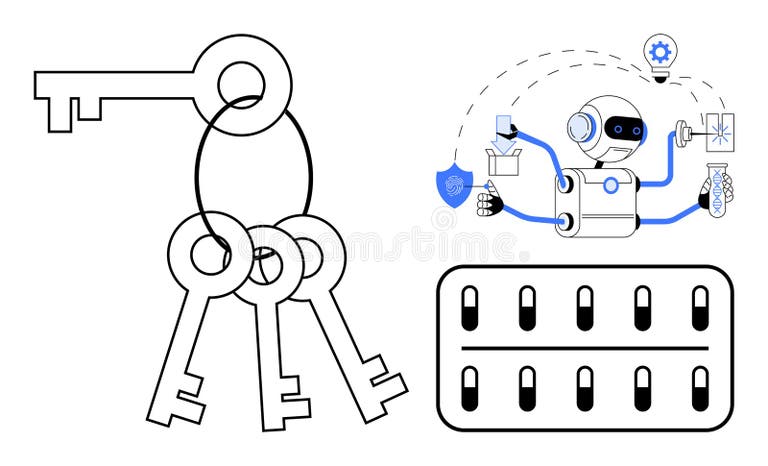 Robot with Multifunctional Arms Handling Tasks Next To Keys and Security Concept Stock Vector ...