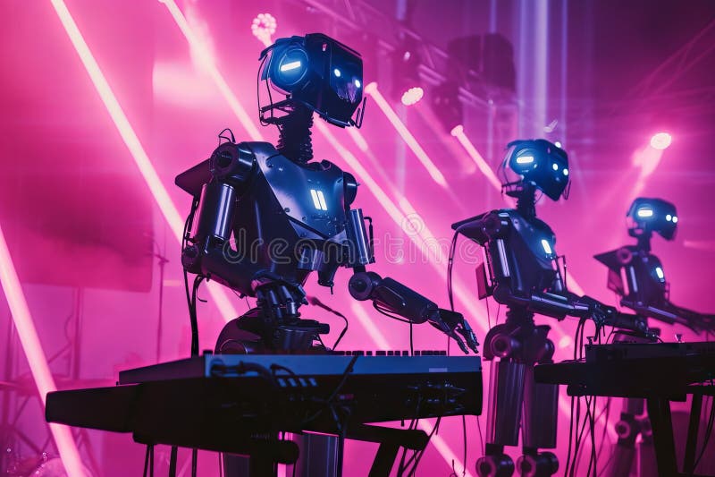 Robot Musicians Performing on a Futuristic Stage with Laser Lights ...