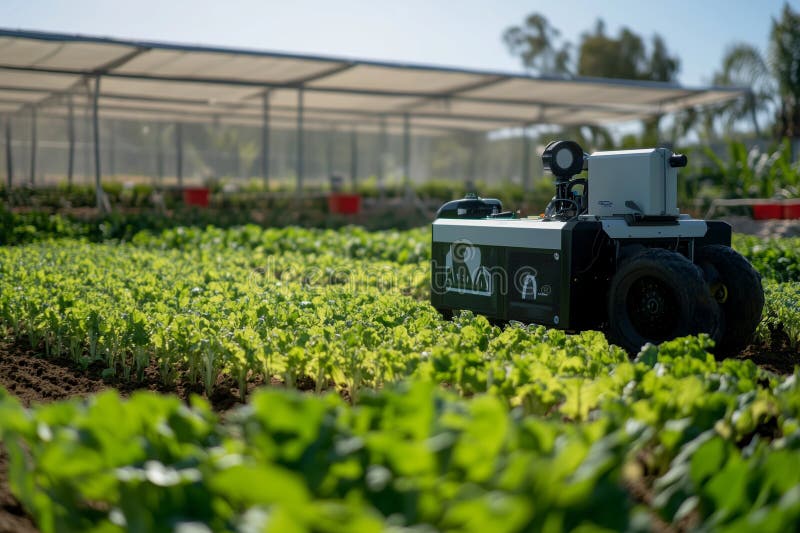 Autonomous Robot Tending To Lettuce Plants in a Bright, Expansive ...