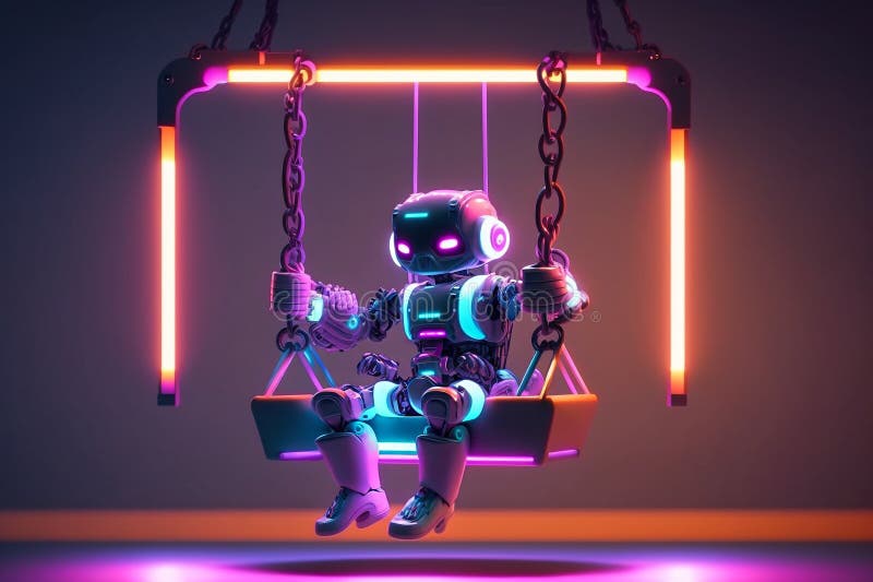 Robot in Neon Lights on a Swing Rest Illustration Generative AI Stock ...