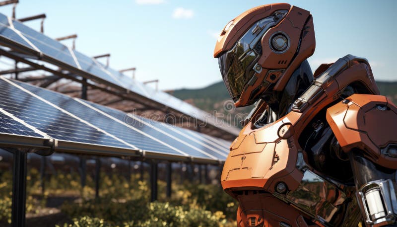 Robot Observing a Solar Panel Exploring Sustainable Energy Sources in a ...
