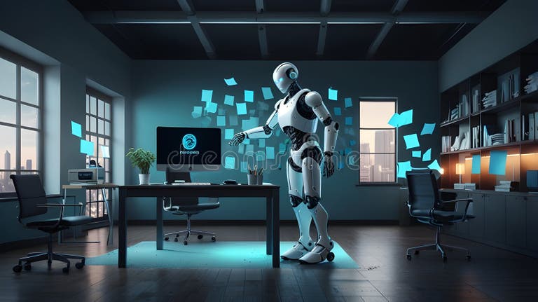 Robot in Office with Sticky Notes and Computer Stock Illustration ...