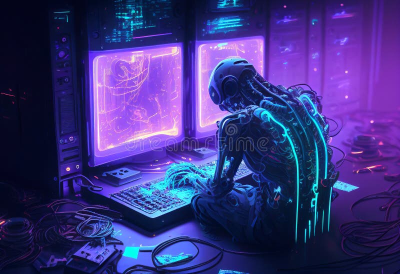 Robot Office Worker Browsing the Internet on His Computer in His ...