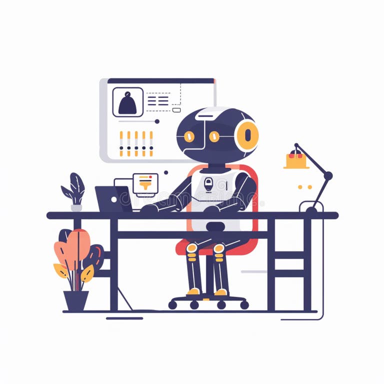 Robot at Office, Working at the Computer. Robot Office Worker, Robotics ...