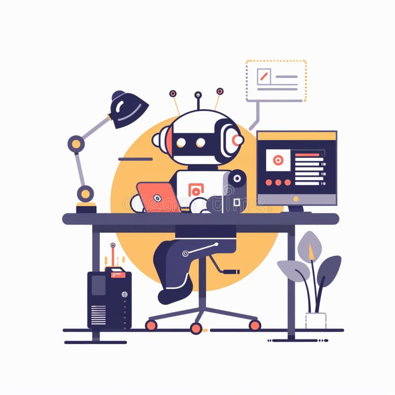 Robot at Office, Working at the Computer. Robot Office Worker, Robotics ...