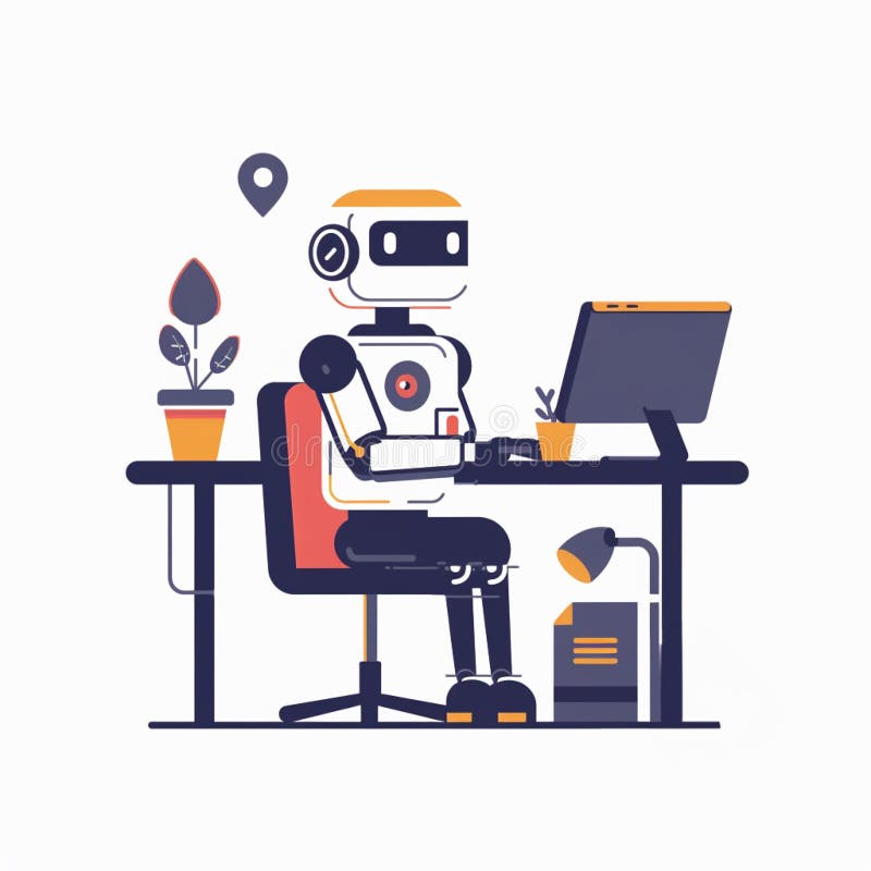 Robot at Office, Working at the Computer. Robot Office Worker, Robotics ...