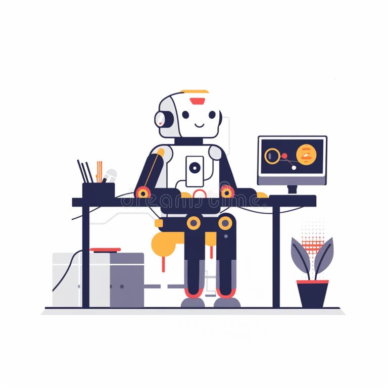 Robot at Office, Working at the Computer. Robot Office Worker, Robotics ...