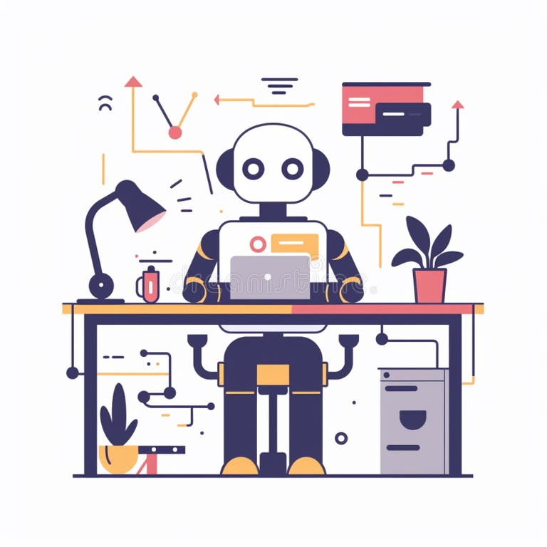 Robot at Office, Working at the Computer. Robot Office Worker, Robotics ...