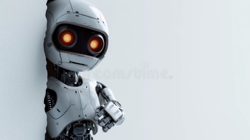 A Robot with Orange Eyes Peeking Out from Behind a Wall, AI Stock ...