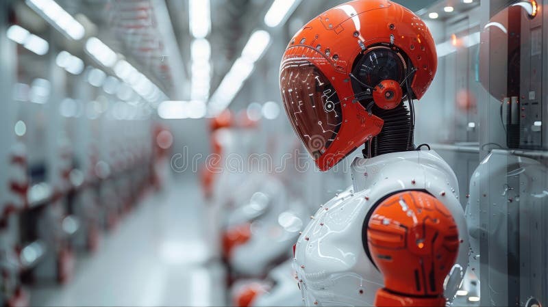 A Robot with an Orange Helmet in an Engineering Event Room Stock Photo ...