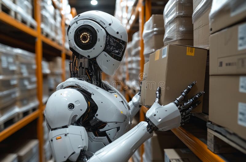 Robot Organizes Boxes in a Warehouse Stock Image - Image of process ...