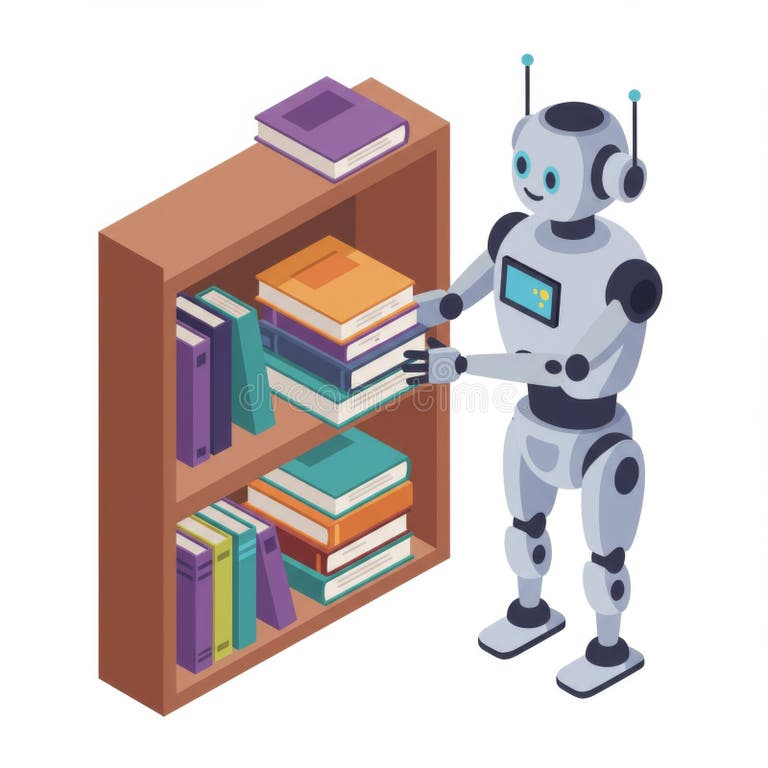 Robot Organizing Books on a Bookshelf Stock Illustration - Illustration ...