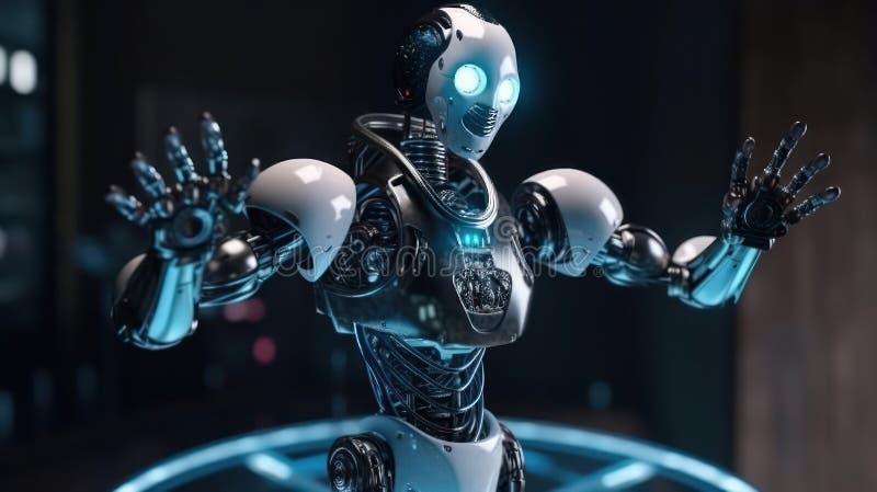 Robot with Outstretched Hands Hold Web Network Hologram Generative Ai ...