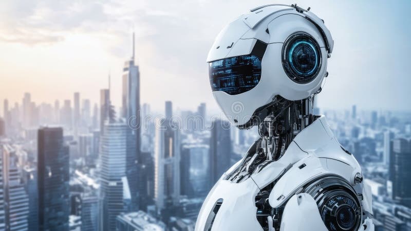 Robot Over City, a Glimpse into Technologically Advanced Future Stock ...