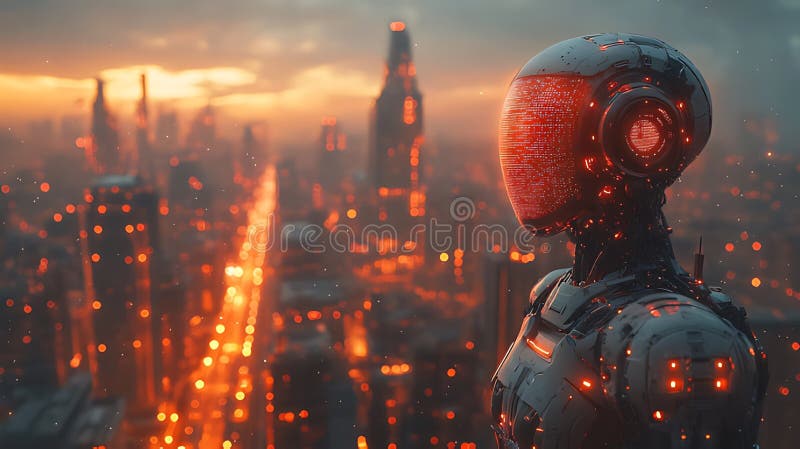 Robot Overlooking Futuristic City Sunset, Digital Art Stock ...