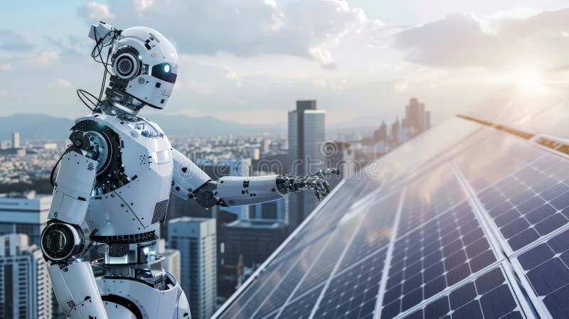 Robot Overseeing Solar Panel Installations on Rooftop at Sunset ...