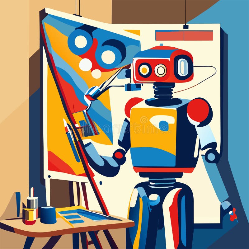 Robot Painting on Easel in Art Studio. Cartoon Vector Illustration ...