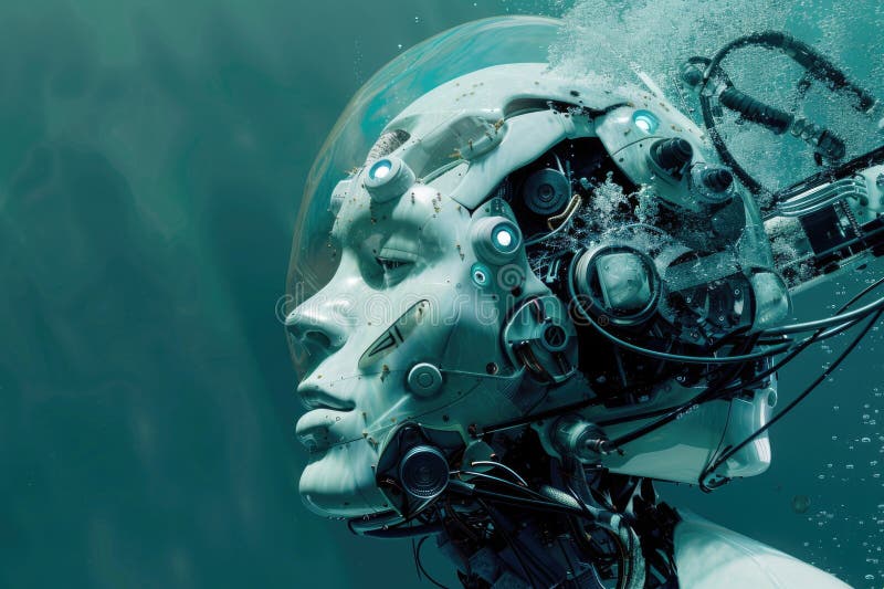 A Robot Partially Submerged in Water with Its Head Filled Up Stock ...