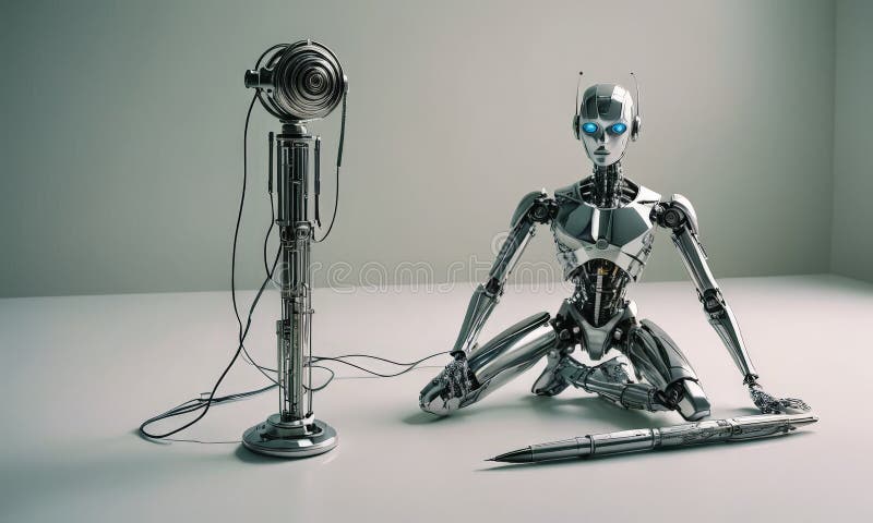 Robot with pen and stock illustration. Illustration of evoking - 330509536