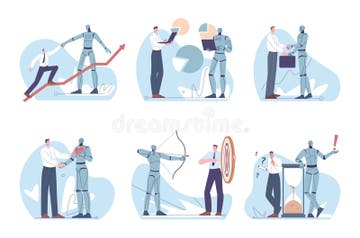 Robot and People. Robots Vs Business Person on Work. Programmers ...